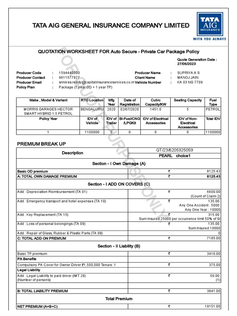 Tata AIG Motor Premium Quote - 3184 - QT - 23 - 6205925059 | PDF ...