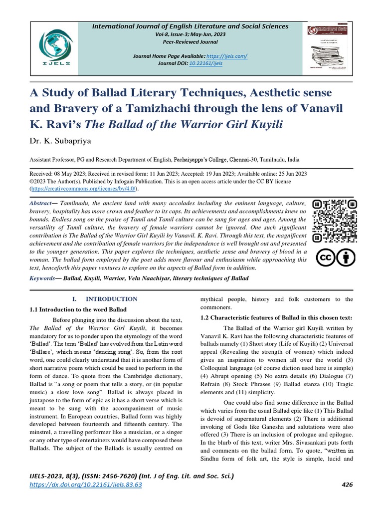 A Study of Ballad Literary Techniques, Aesthetic Sense and Bravery of A ...