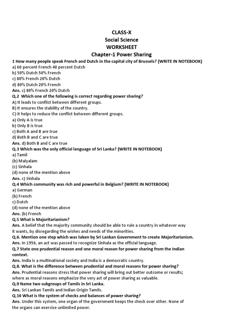 Class 10 Power Sharing Worksheet | PDF | Sri Lanka | Democracy