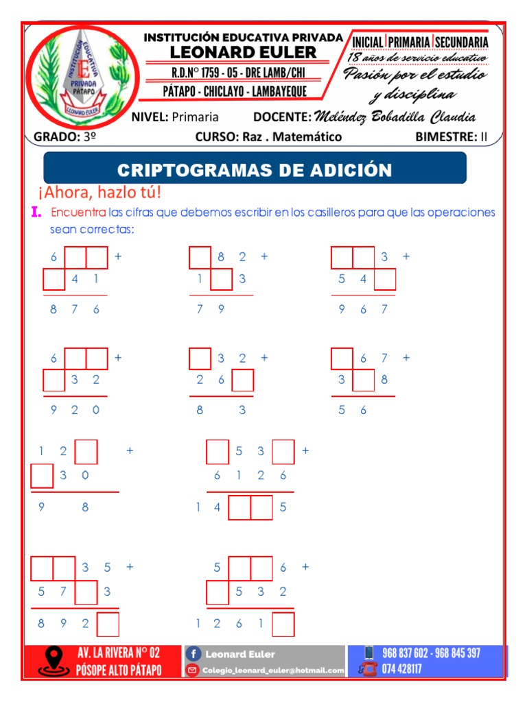 Criptograma de Adición | PDF | Aritmética | Matemáticas