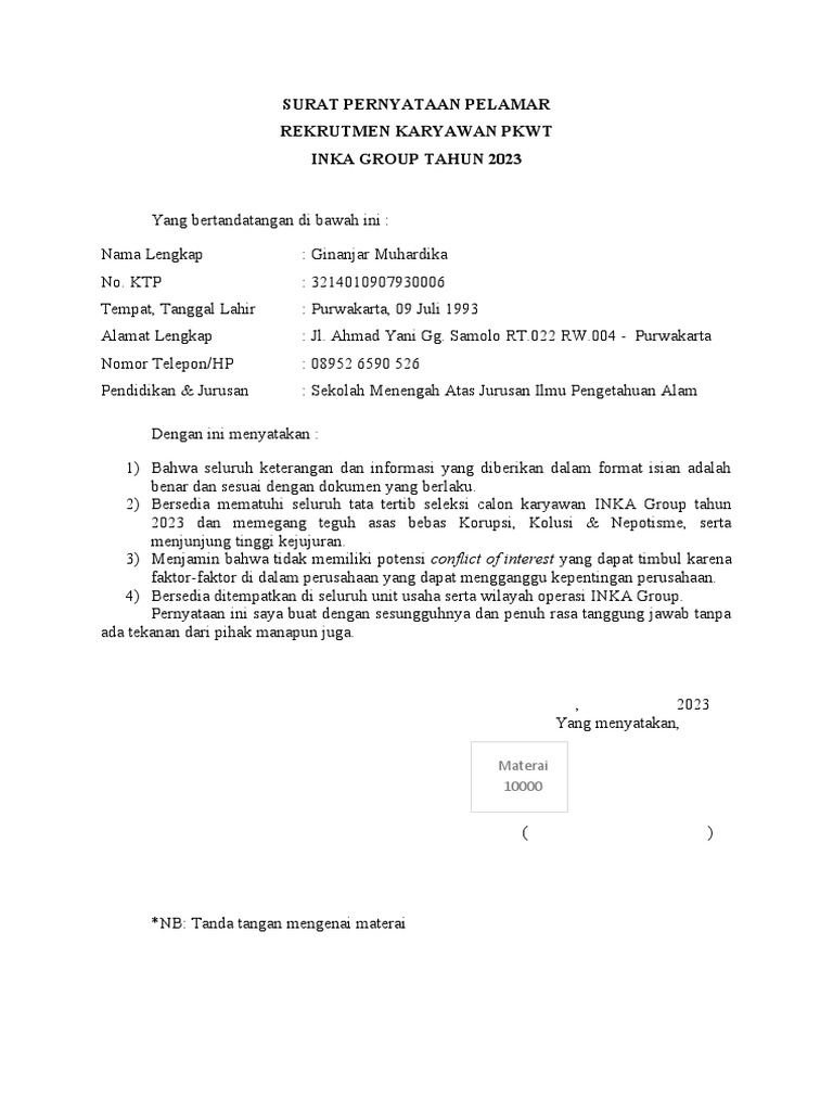 Form Pernyataan Rekrutmen PKWT Jun 2023 | PDF