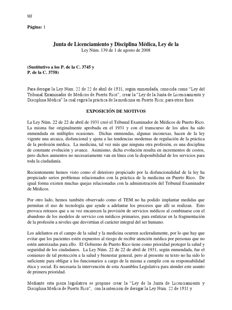 Ley 139 de La JLDM | PDF | Medicina | Puerto Rico