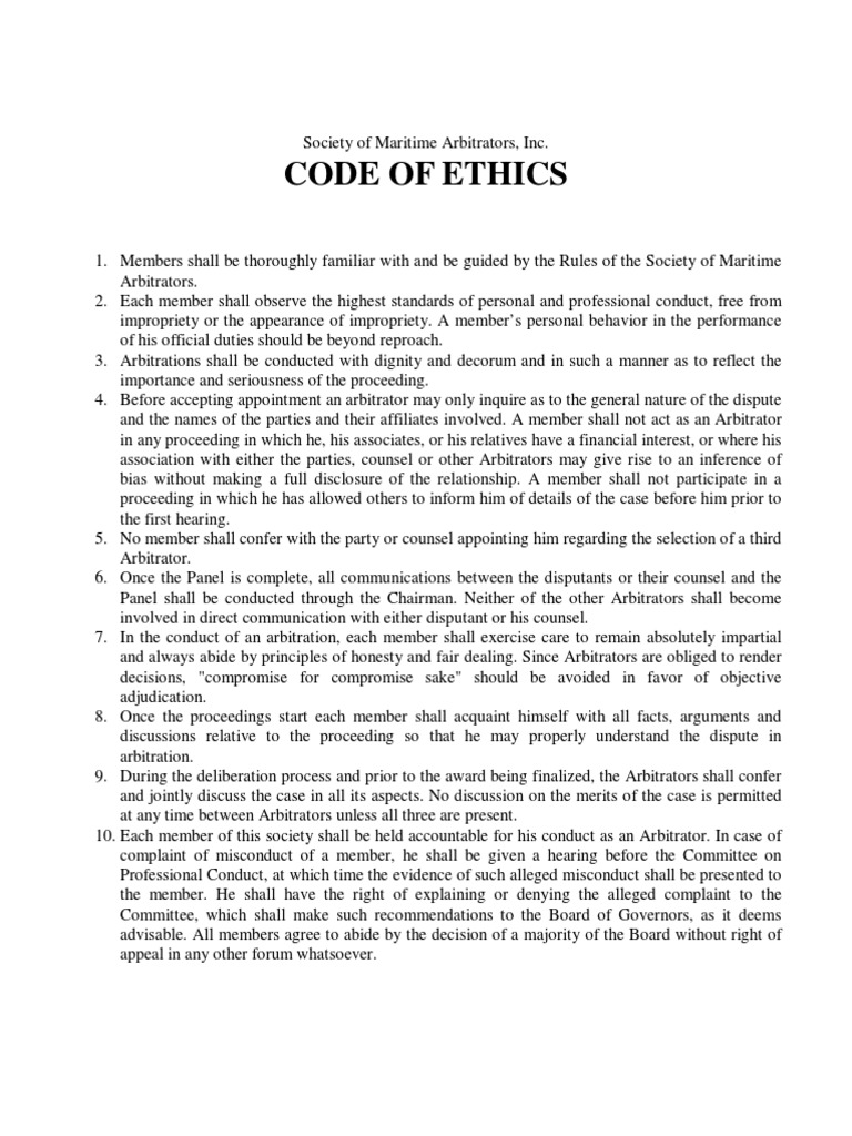 Maritime Arbitrators Code of Ethics | PDF | Arbitral Tribunal | Arbitration