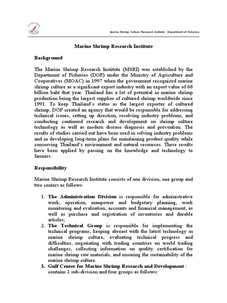 Marine Shrimp Culture Research Institute: Department of Fisheries | PDF ...