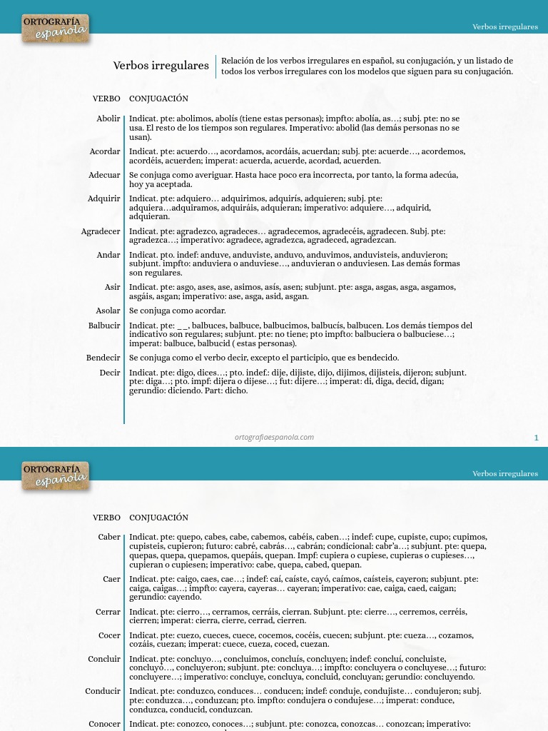 Verbos Irregulares en Español: Conjugación | PDF | Verbo | Conjugación ...