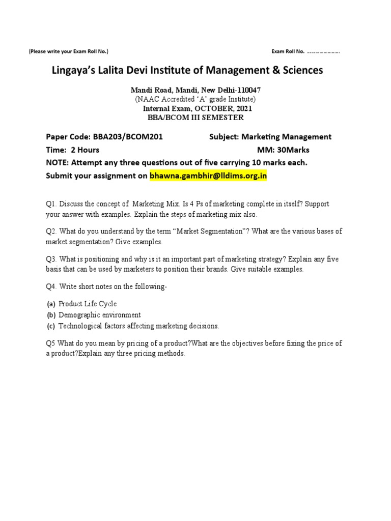 BBA/BCOM III Sem Marketing Exam | PDF