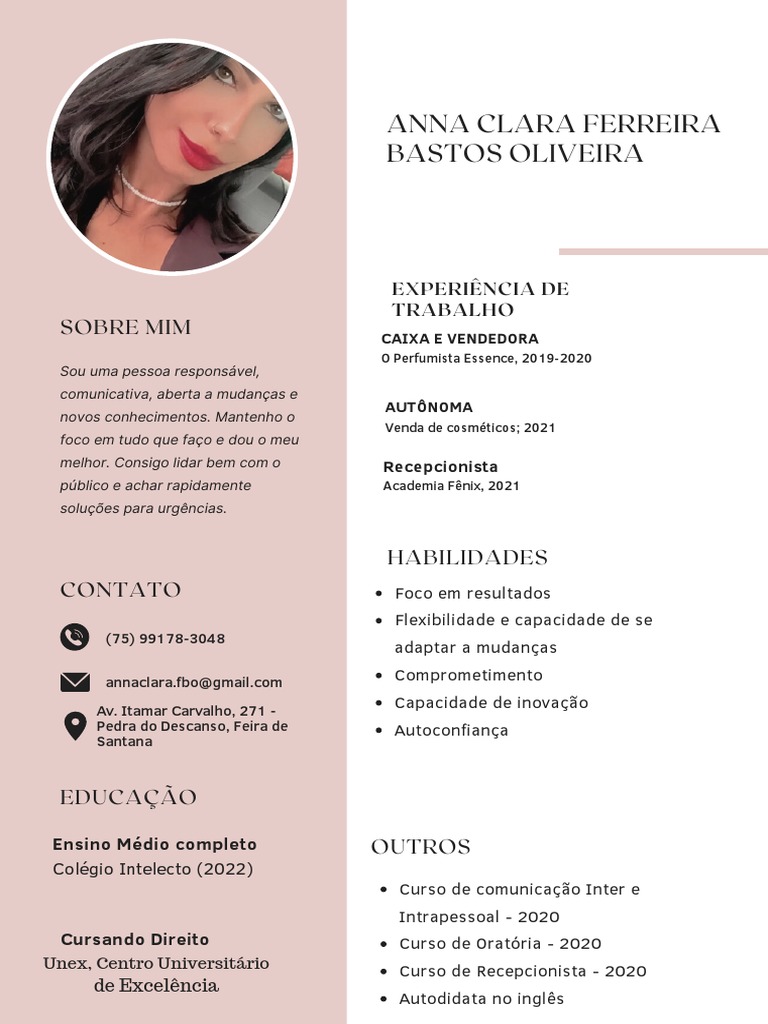 Currículo Simples Com Foto e Informações em Rosa e Branco | PDF