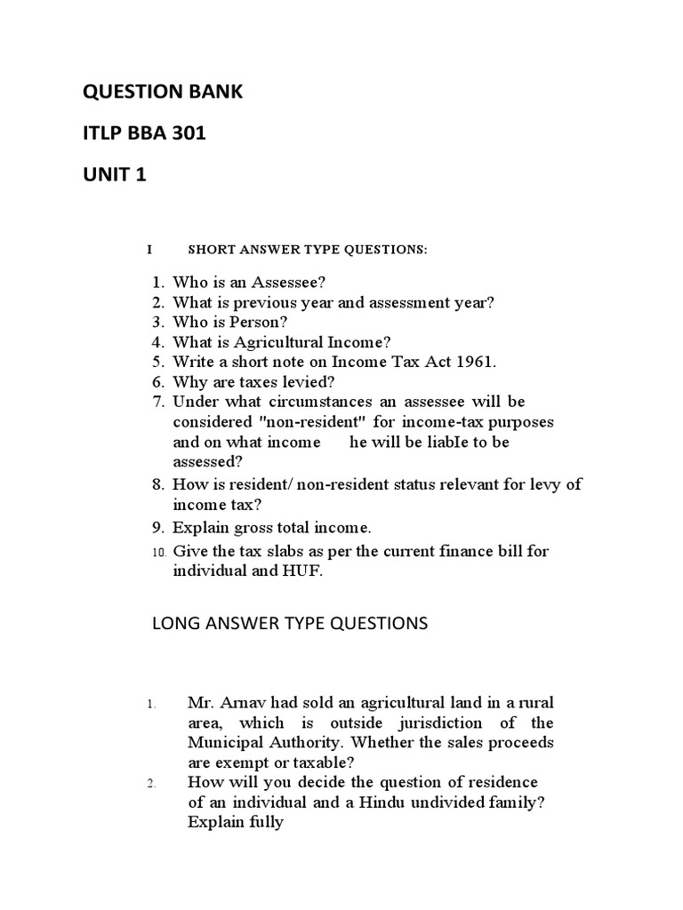 QUESTION BANK ITLP SK NOV 2022 BBA 6 Nov 2022 FINAL UNIT1&2 | PDF | Income Tax | Taxes