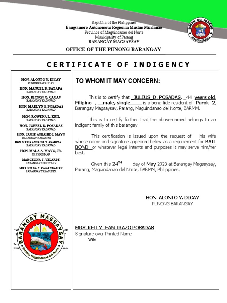 CERTIFICATE OF INDIGENCY - Photochopy | PDF | Philippines