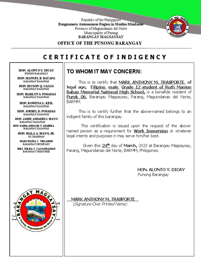 Certificate of Indigency for Students | PDF | Philippines