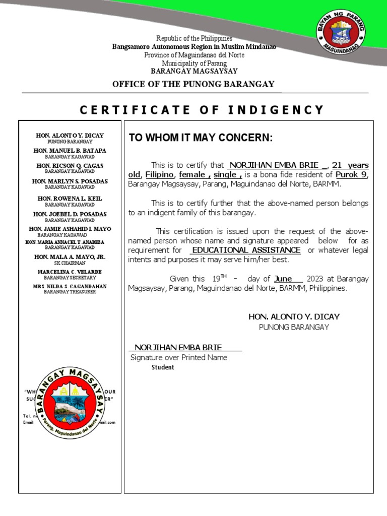 CERTIFICATE OF INDIGENCY - PHILHEALTH2023 | PDF | Philippines