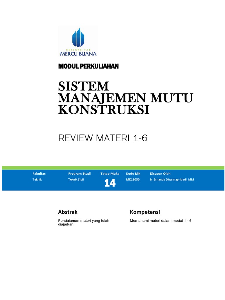 Modul Sistem Manajemen Mutu Konstruksi (TM14) - Review Materi 1-6 | PDF | Bisnis