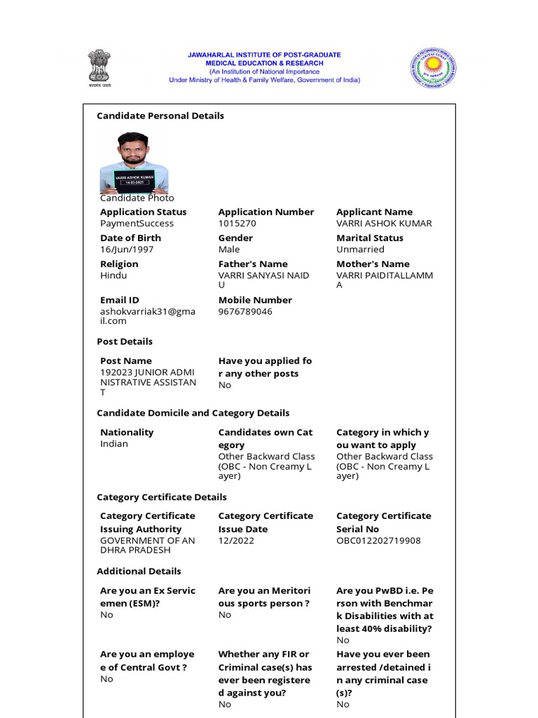 JIPMER Group B and C Form | PDF | Government