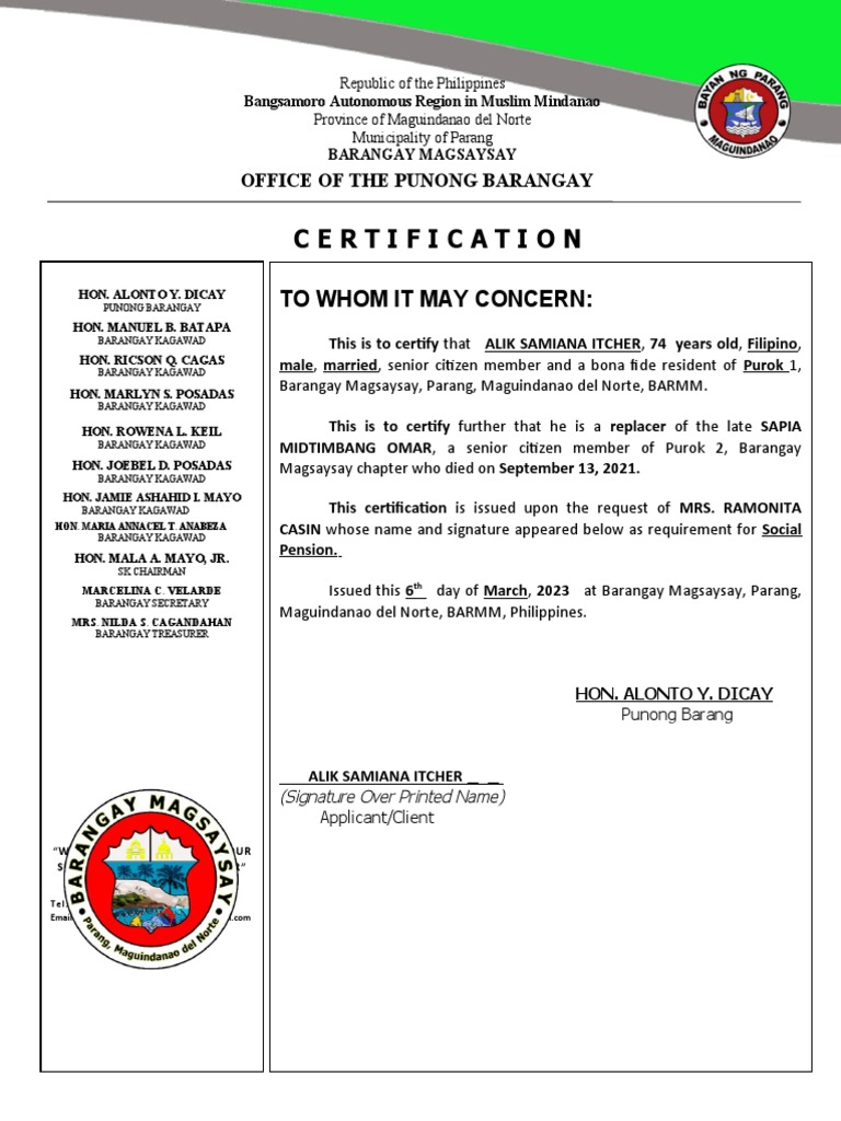 Senior Citizen Certification Issued | PDF | Philippines