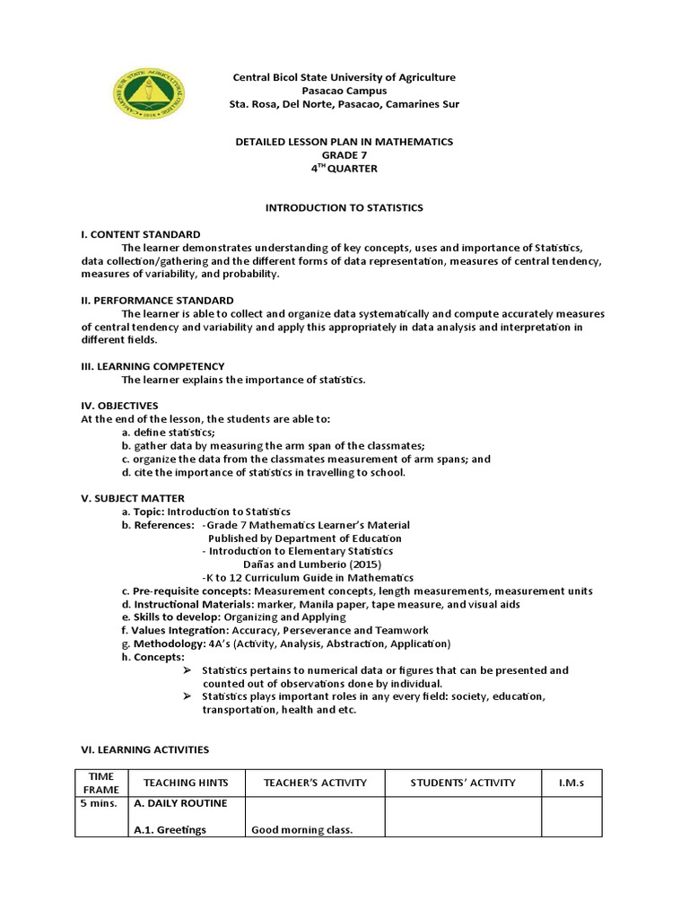 Grade 7 Statistics Lesson Plan | PDF | Statistics | Measurement