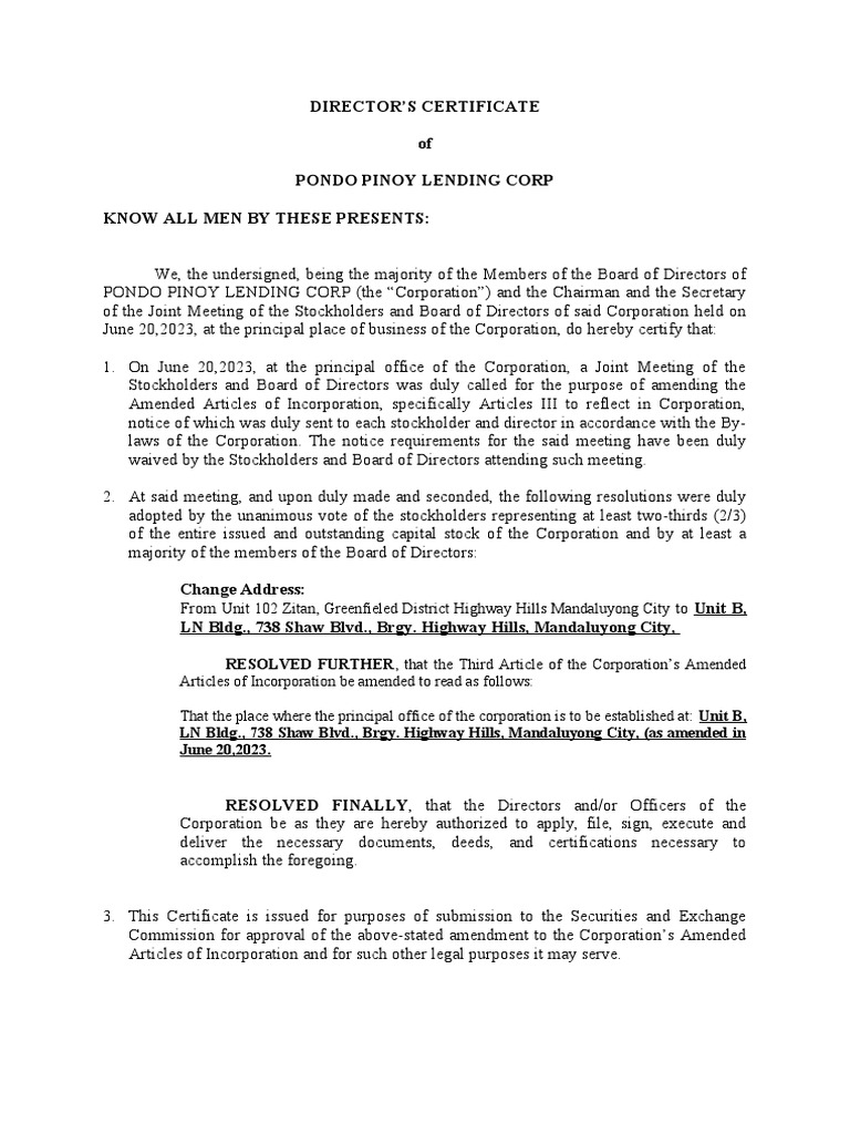 A4 Directors' Certificate | PDF | Corporations | Board Of Directors