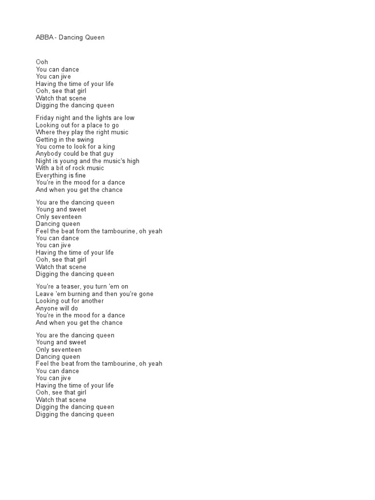 ABBA - Dancing Queen Lyrics | PDF | Art | Classics