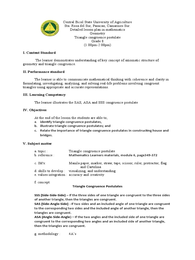 Grade 8 Triangle Congruence Postulates Pdf Geometry Elementary