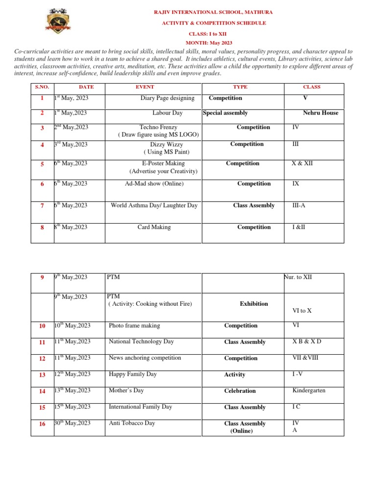 Activity Chart For The Month of May 2023 Class I To XII | PDF | Cognition