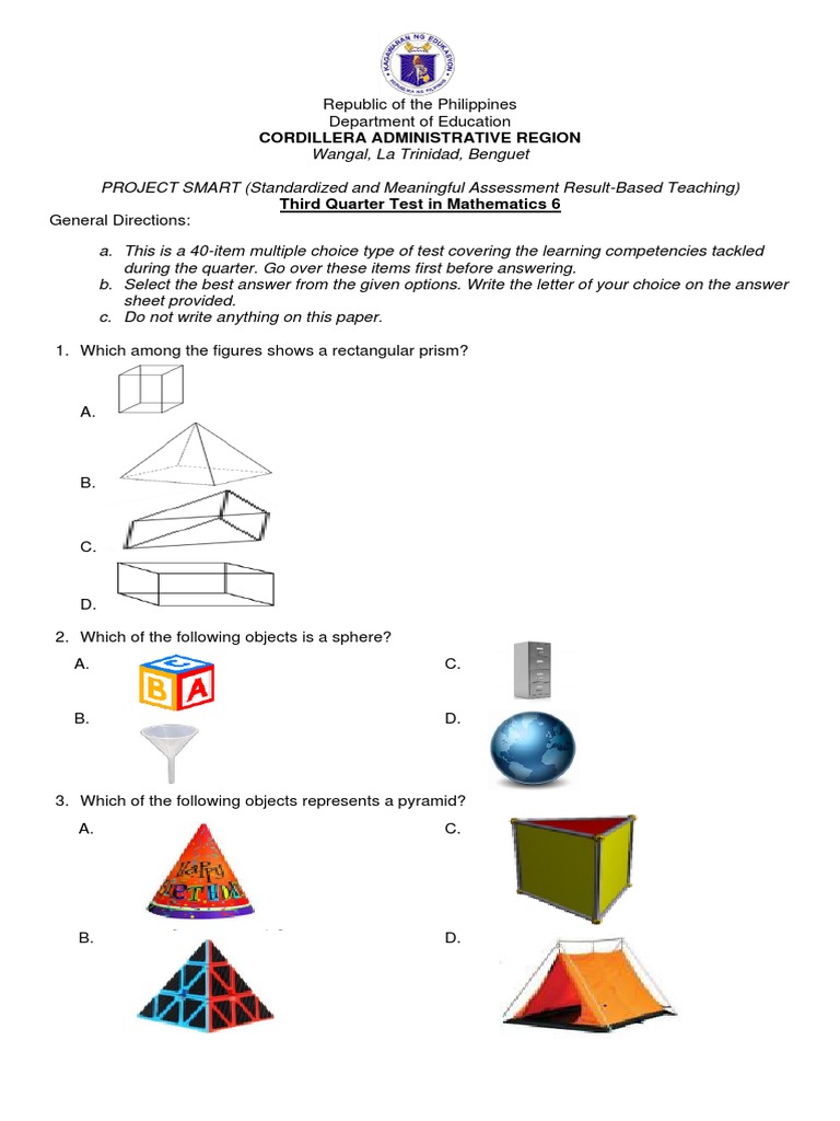 Math Test on 3D Shapes and Formulas | PDF | Area | Rectangle