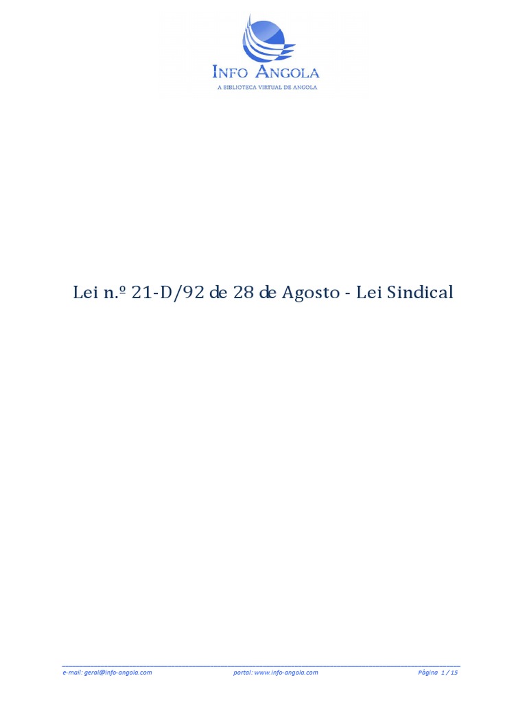Lei n.º 21-D/92: Regulamentação Sindical | PDF | Sindicato | Constituição