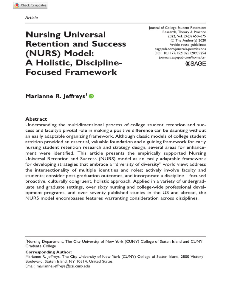 Nursing Universal Retention and Success (NURS) Model: A Holistic ...