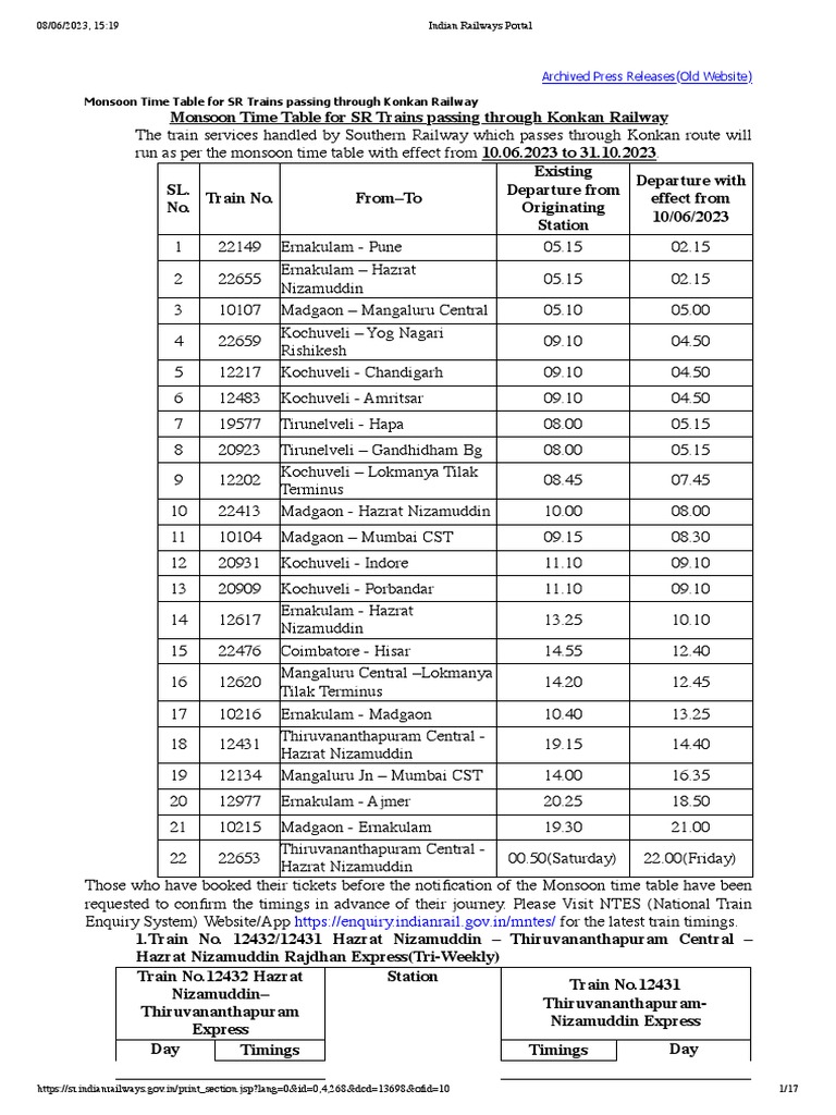 Monsoon Train Time Tabel by SR 2023 PDF Download | PDF | Delhi | Transport