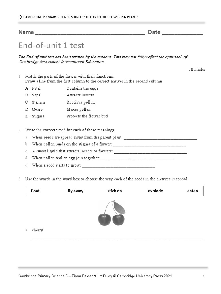 P Science 5 End Of Unit 1 Pdf Flowers Plants