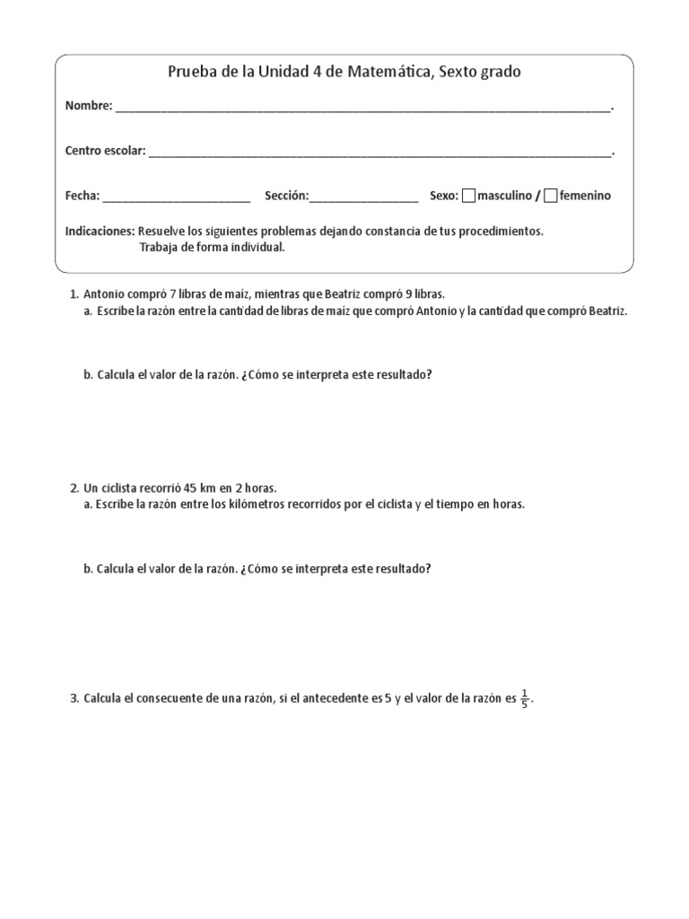 Prueba de La Unidad 4 de Matemática, Sexto Grado | PDF