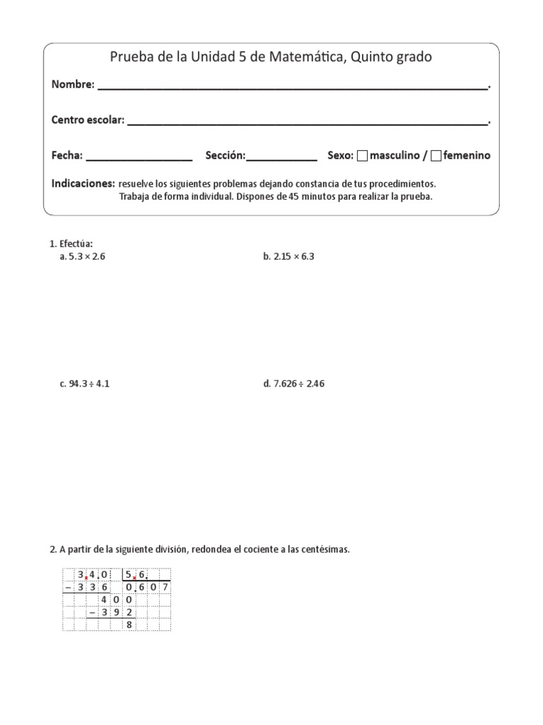Prueba de La Unidad 5 de Matemática, Quinto Grado | PDF