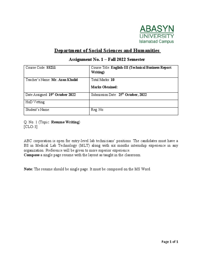 Assignment N0 1 - SS211 - MLT - FALL2022 | PDF