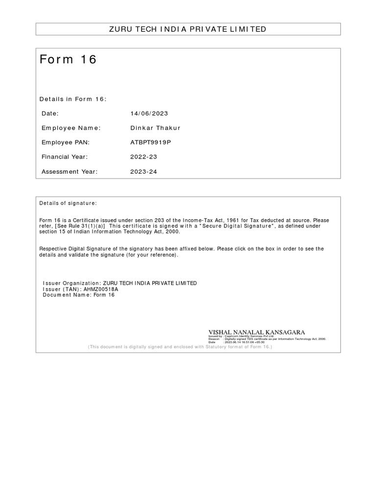 Dinkar Thakur - ATBPT9919P - 2023-24 | PDF | Tax Deduction | Employee Benefits