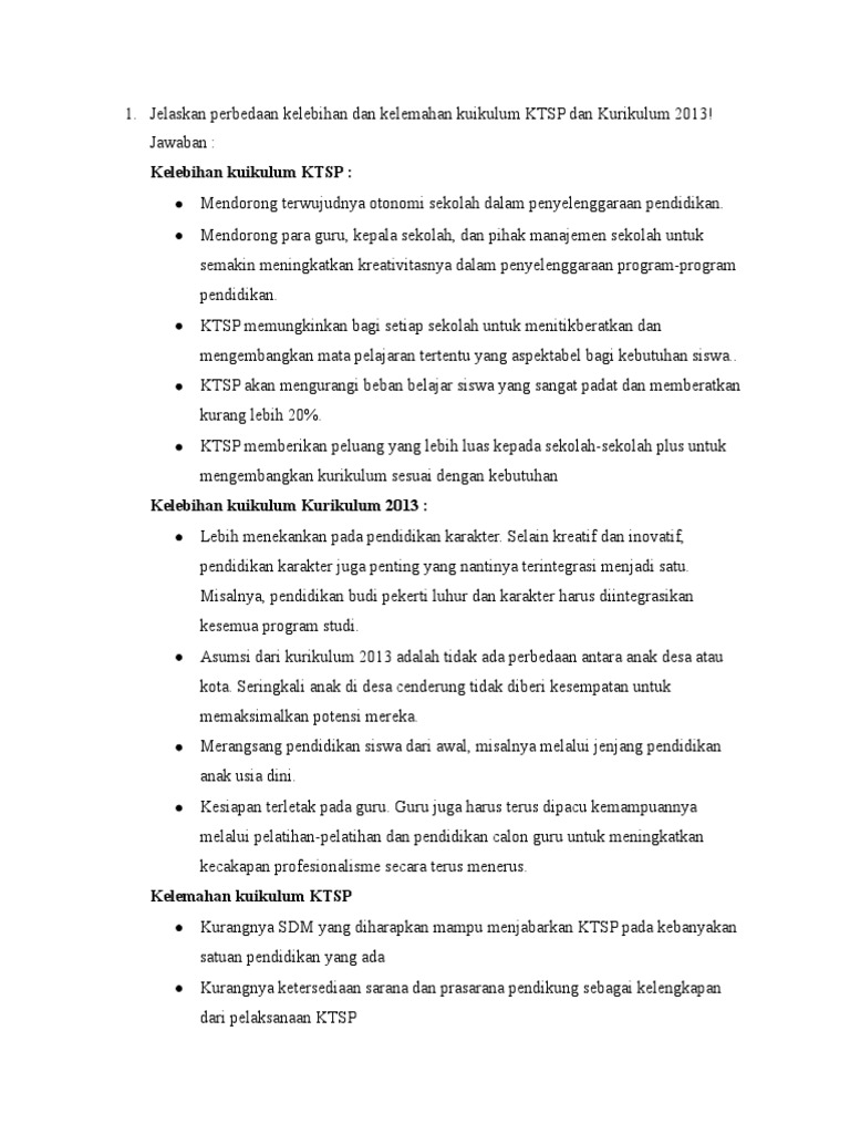 Jelaskan Perbedaan Kelebihan Dan Kelemahan Kuikulum KTSP Dan Kurikulum 2013 | PDF
