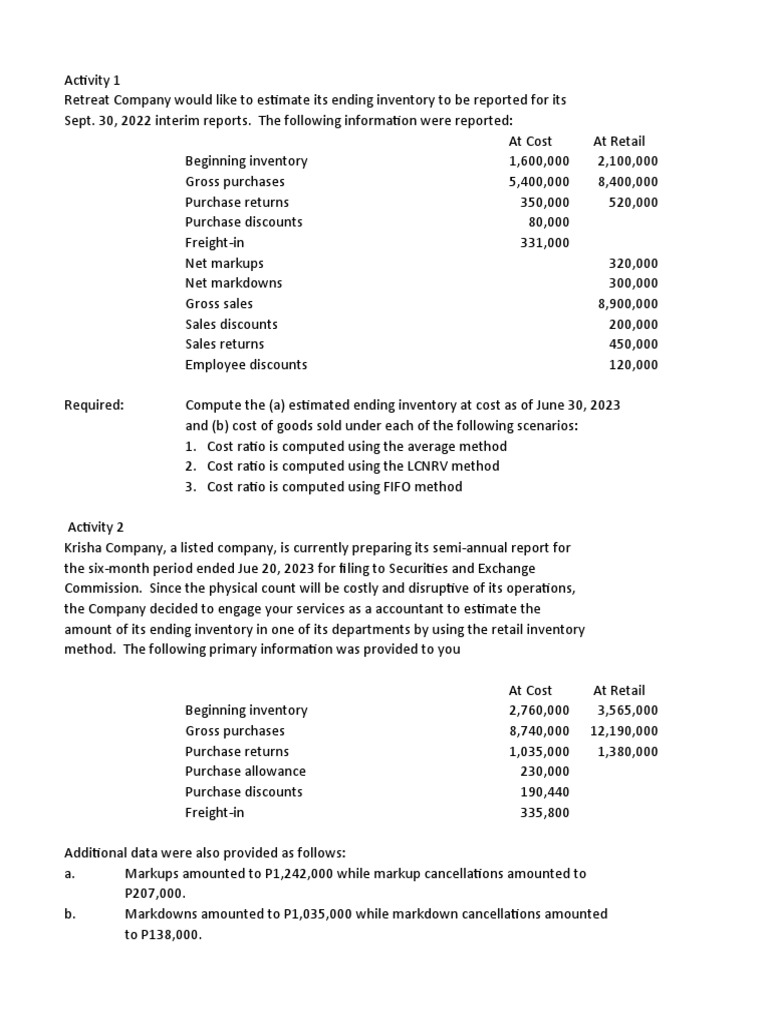 Activity in Inventory Estimation, Retail Inventory | PDF | Inventory | Cost Of Goods Sold