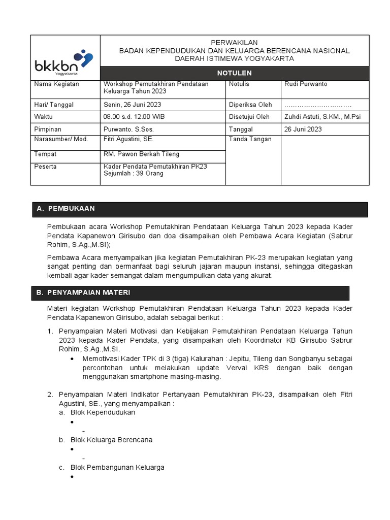 Contoh Notulen Workshop Kader | PDF