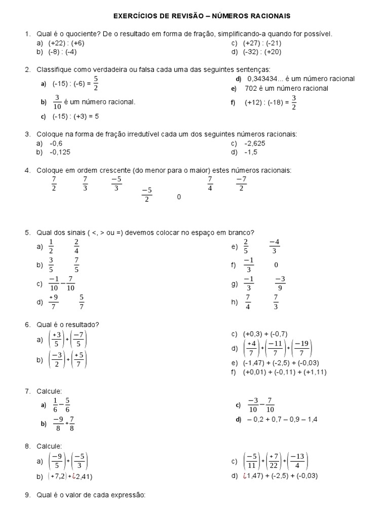 Exercício Revisão_Números Racionais | PDF | Número racional | Campo (Matemática)