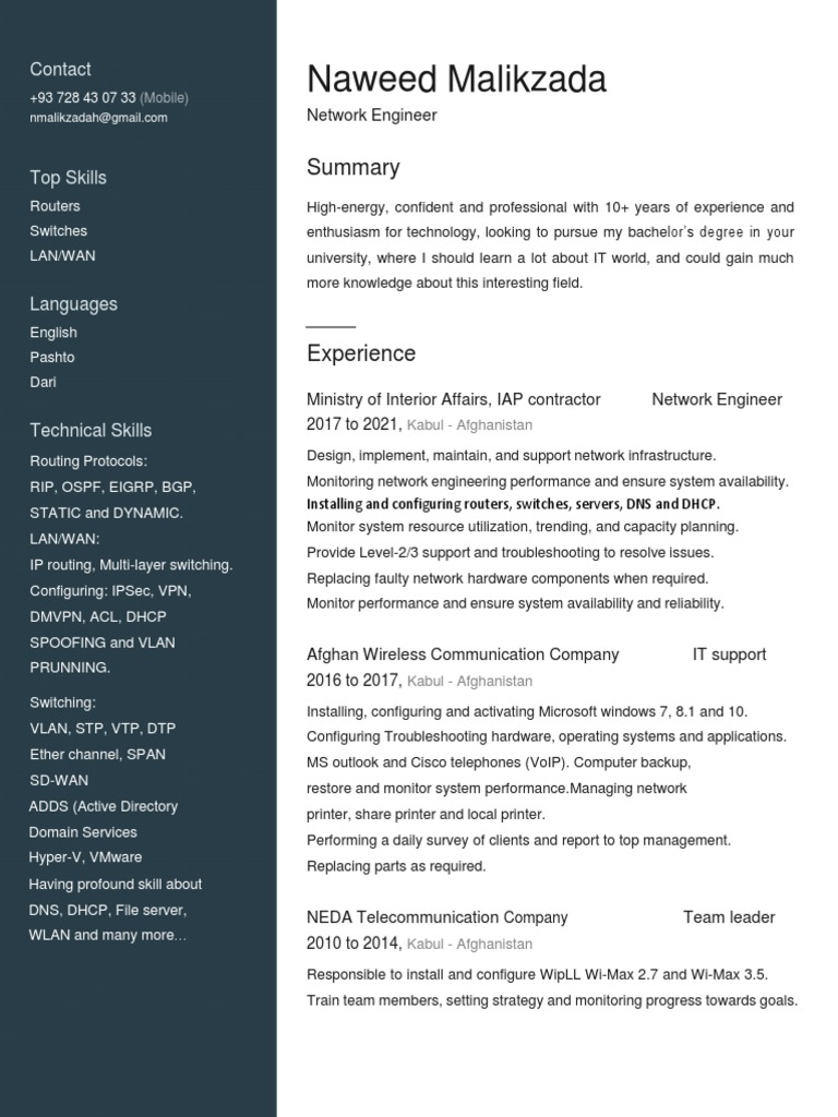 Naweed Malikzada CV | PDF | Cisco Certifications | Computer Network