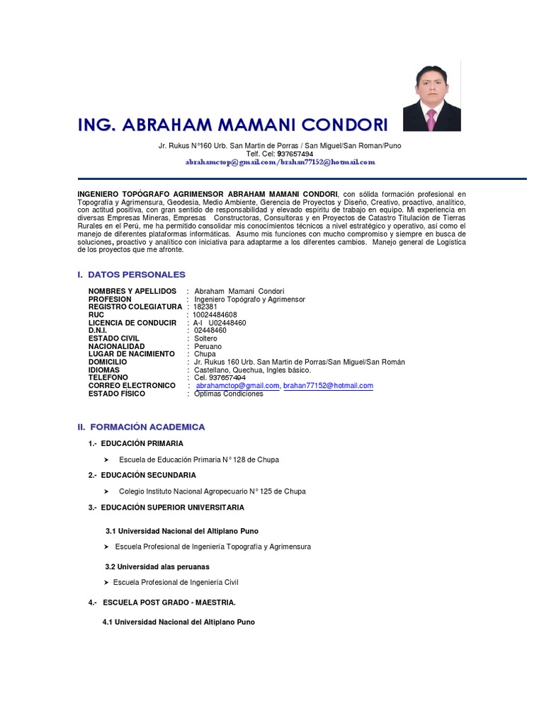 Cv. de Abraham Mmani Condori | Descargar gratis PDF | Geodesia | Perú