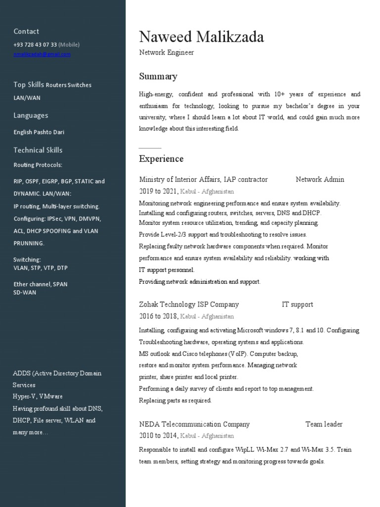Naweed Malikzada CV | PDF | Cisco Certifications | Computer Network