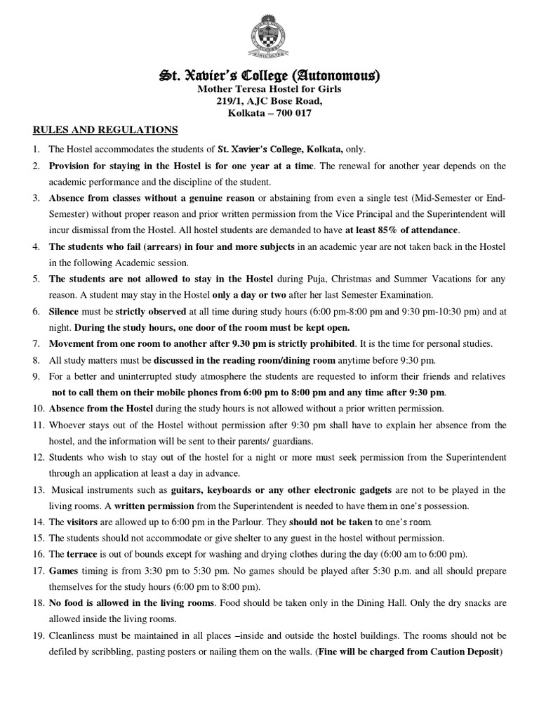 SXC Girls Hostel Rules and Regulations | PDF