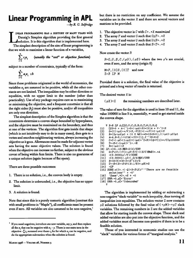 Linear Programming In Apl Pdf Matrix Mathematics Linear Programming