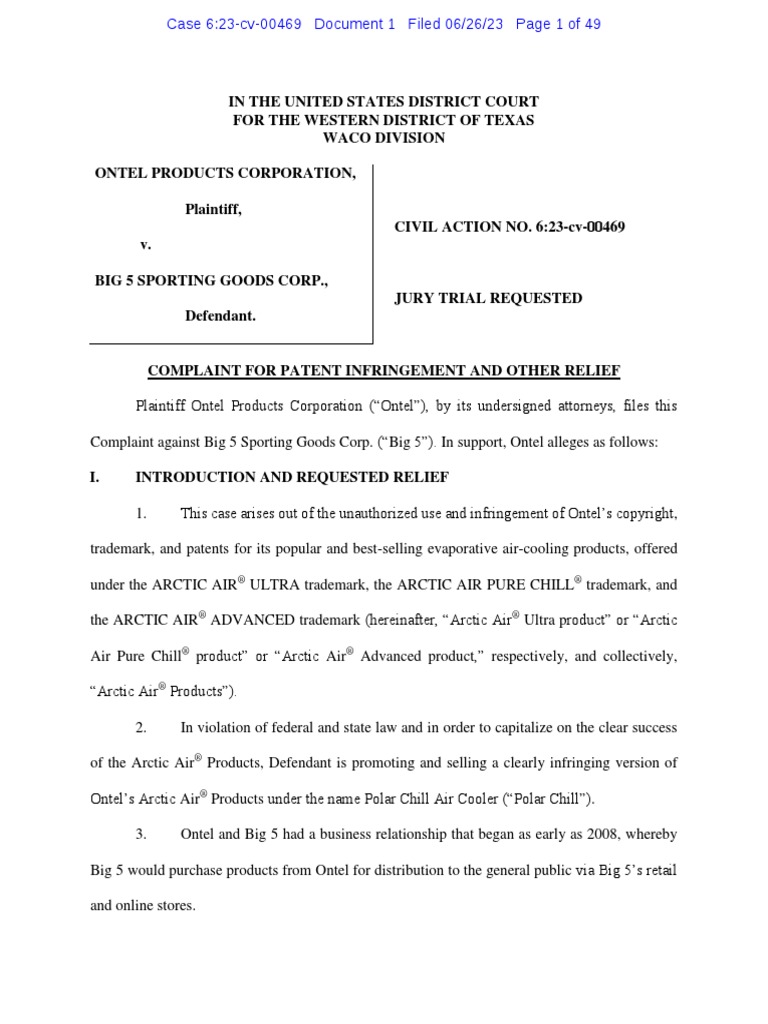 Ontel v. Big 5 - Complaint | PDF | Complaint | Design Patent