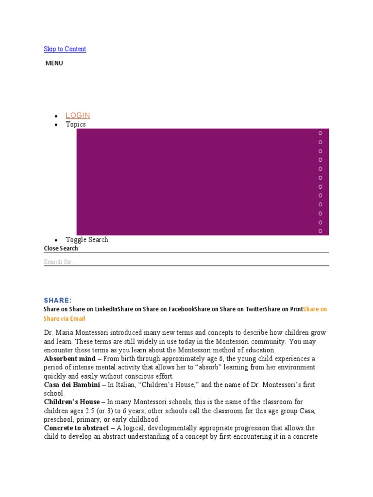 Montessori Terminology Explained | PDF | Montessori Education | Classroom