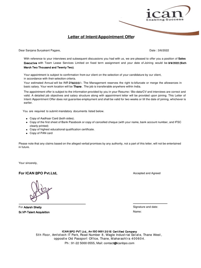 ICAN BPO Appointment Offer Letter | PDF | Career & Growth