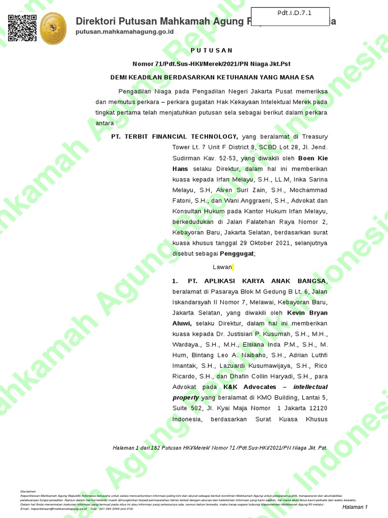 Putusan HKI Merek GOTO 2021 | PDF