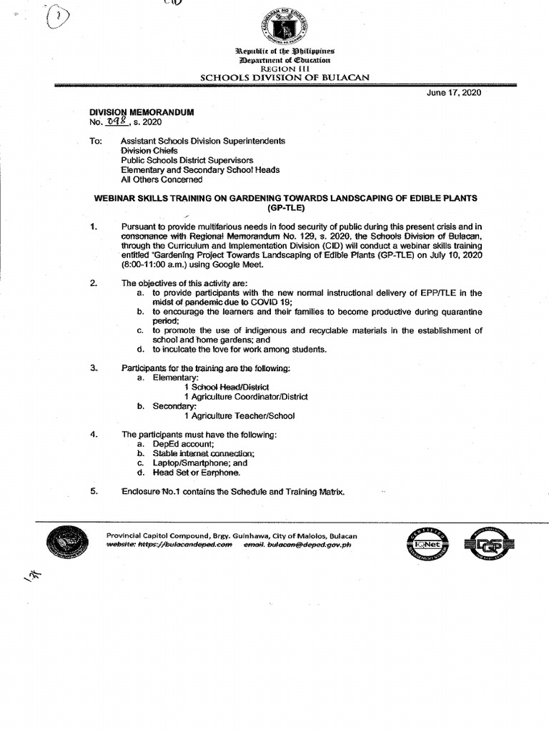 WEBINAR - GARDENING - Div Memo No. 098 S. 2020 | PDF WEBINAR - GARDENING - Div Memo No. 098 S. 2020 | PDF