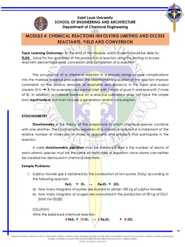 CHE CAL Module 4 | PDF | Stoichiometry | Chemical Reactions