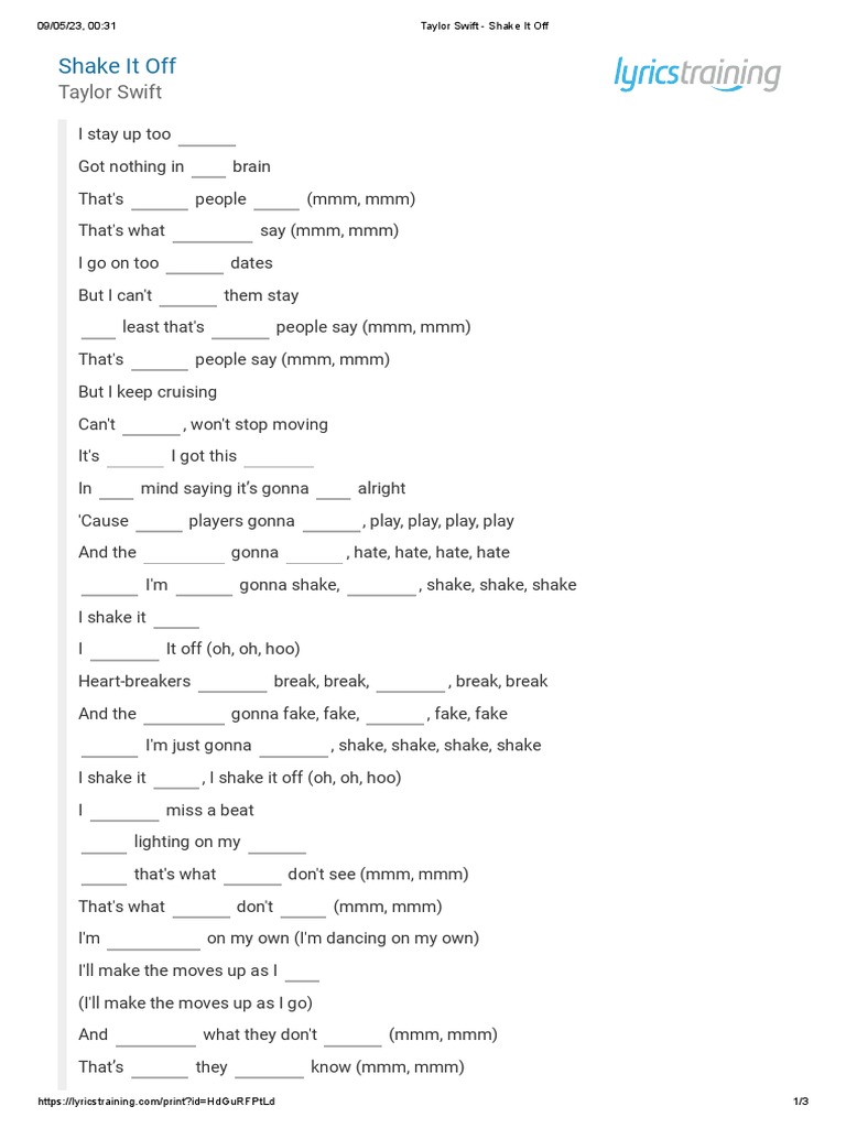 Shake It Off - Taylor Swift - LyricsTraining | PDF | Songs Written ...