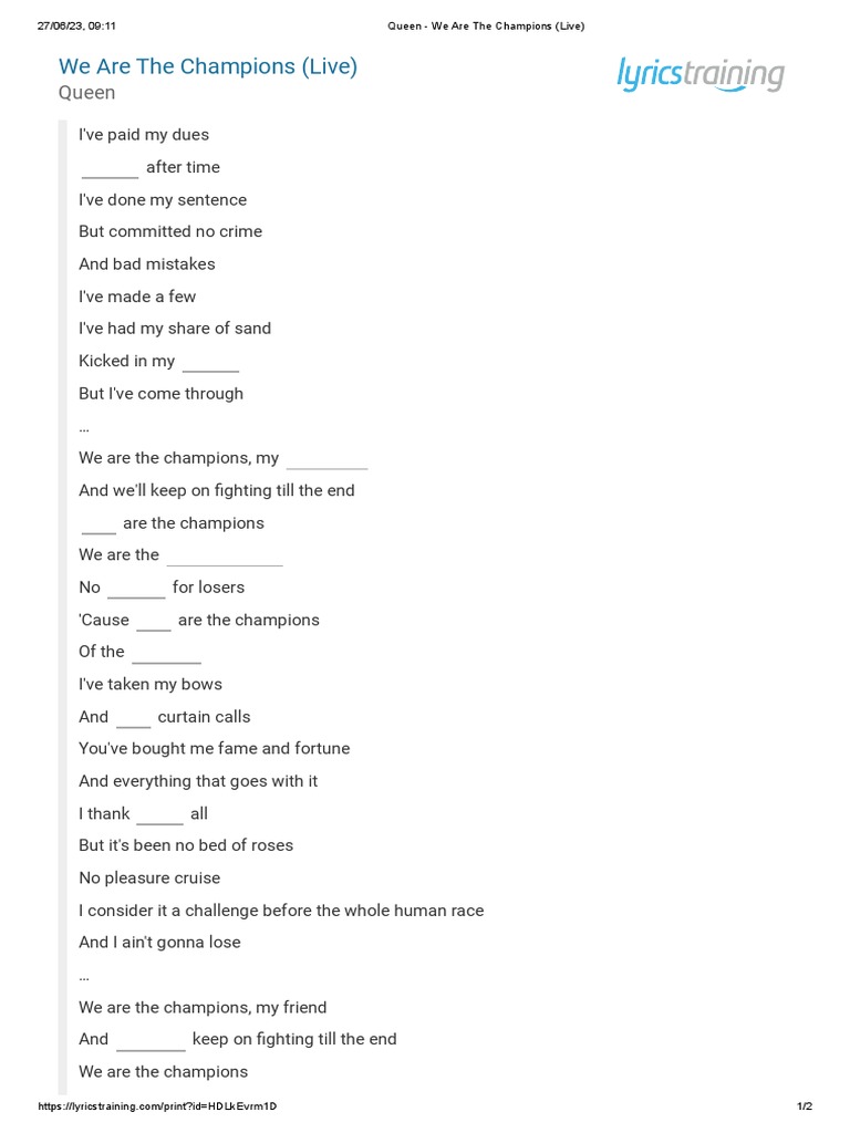We Are The Champions - For Kids - LyricsTraining | PDF | Poetry