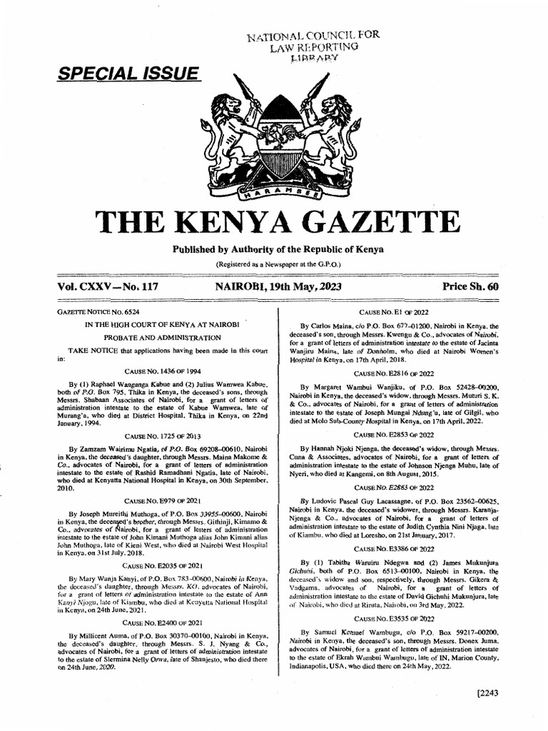 Vol - CXXV-No .117 | PDF | Probate | Nairobi